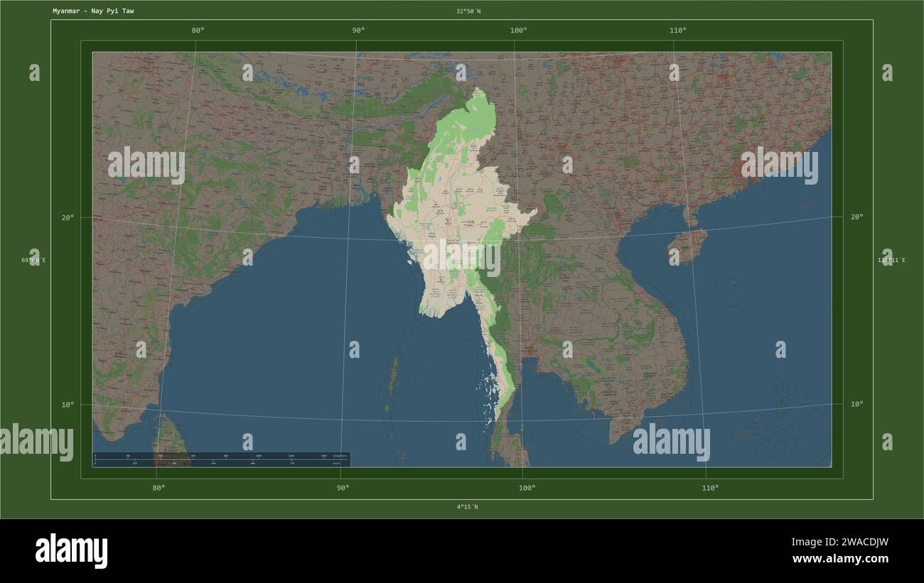 Myanmar highlighted on a topographic, OSM Germany style map map with ...