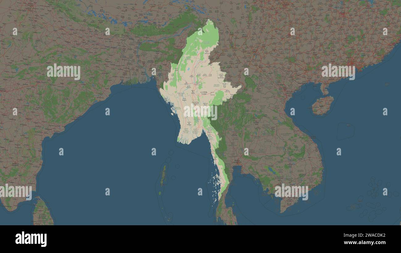 Myanmar highlighted on a topographic, OSM Germany style map Stock Photo ...