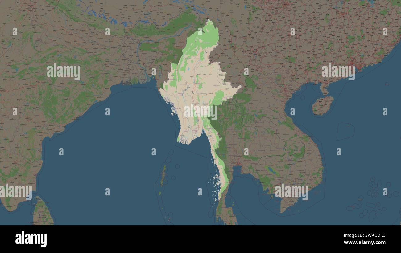 Myanmar highlighted on a topographic, OSM standard style map Stock ...