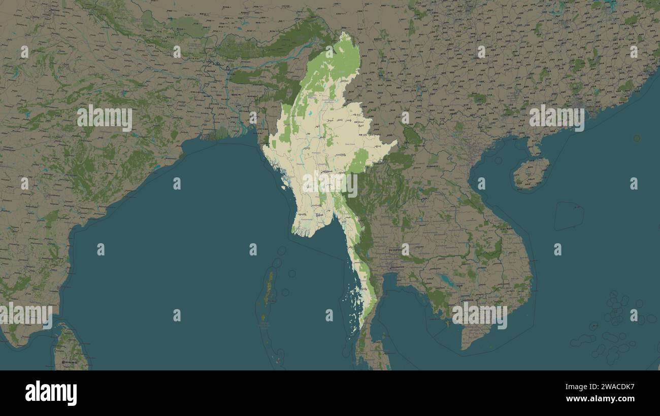 Myanmar highlighted on a topographic, OSM Humanitarian style map Stock ...