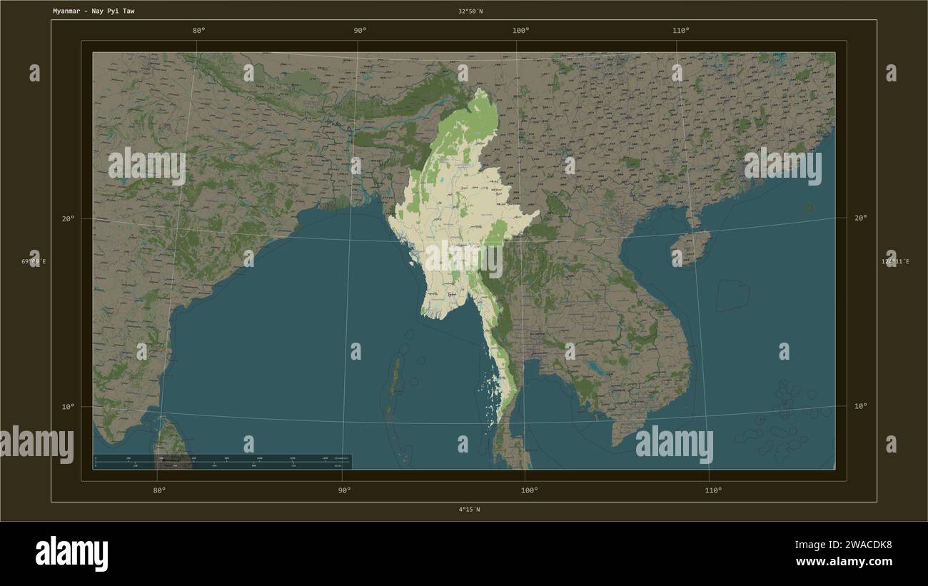 Myanmar highlighted on a topographic, OSM Humanitarian style map map ...