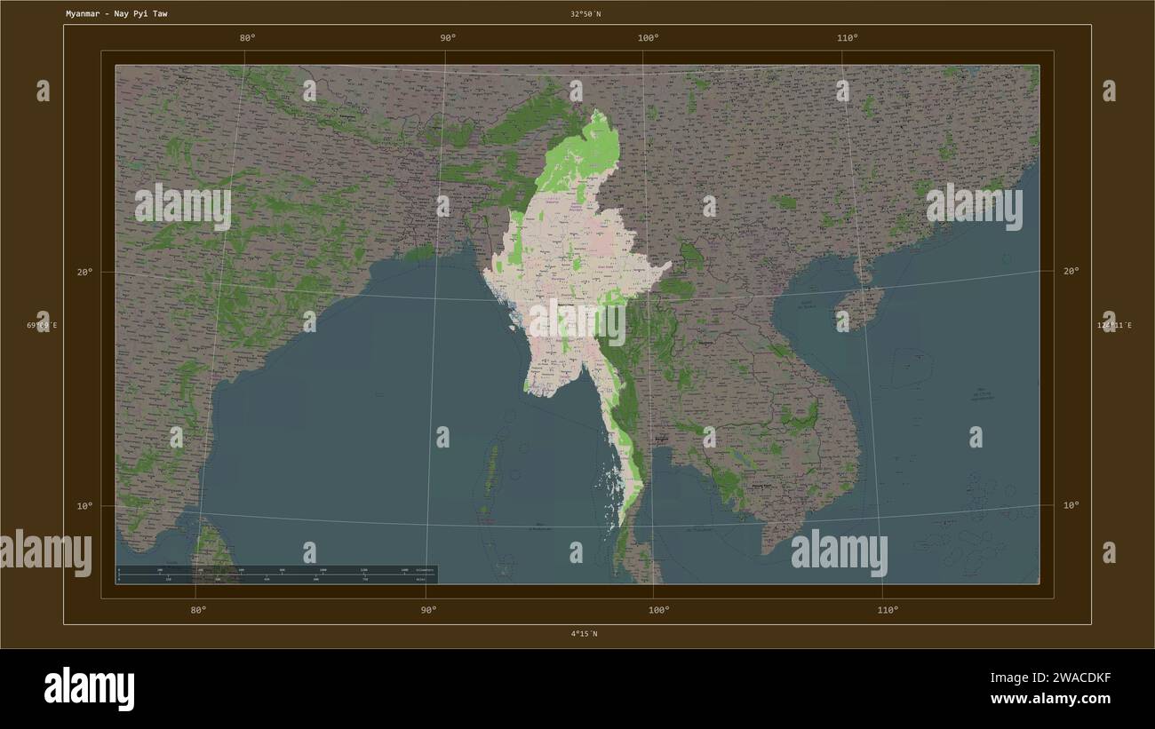Myanmar highlighted on a topographic, OSM France style map map with the ...