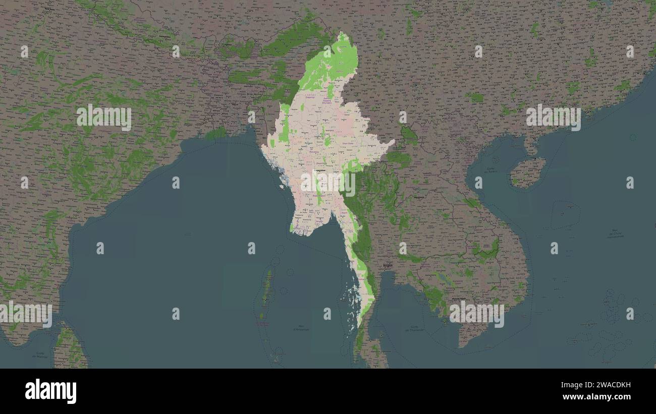 Myanmar highlighted on a topographic, OSM France style map Stock Photo ...