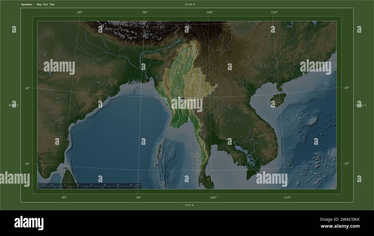 Myanmar highlighted on a Pale colored elevation map with lakes and ...