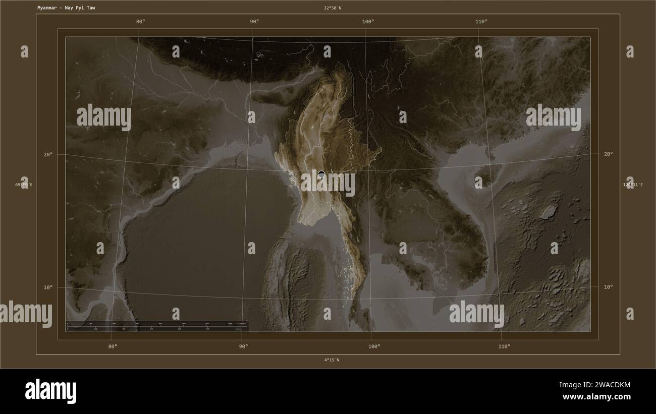 Myanmar highlighted on a elevation map colored in sepia tones with ...