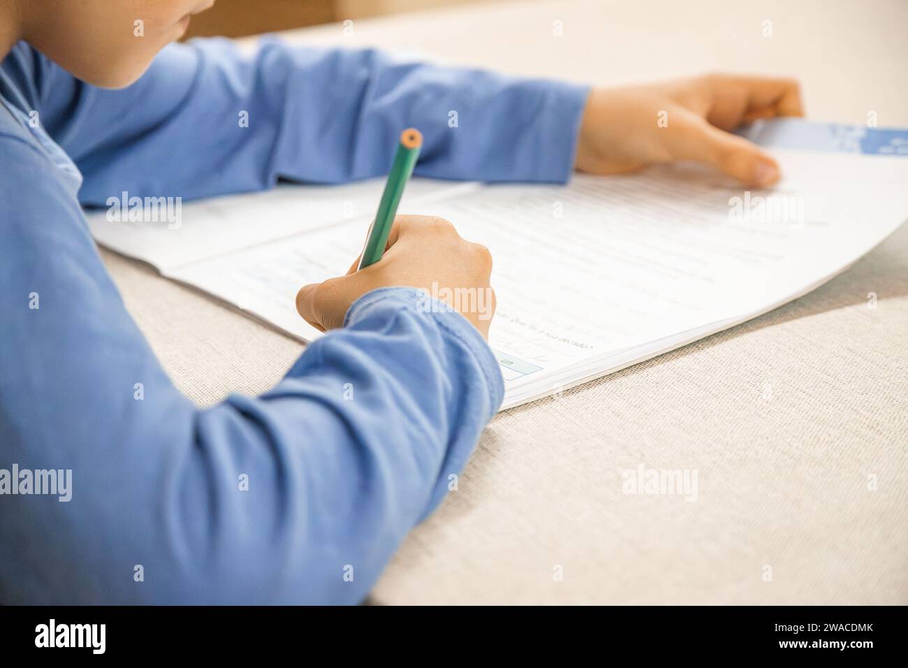 Caucasian elementary school child doing homework at the end of the ...