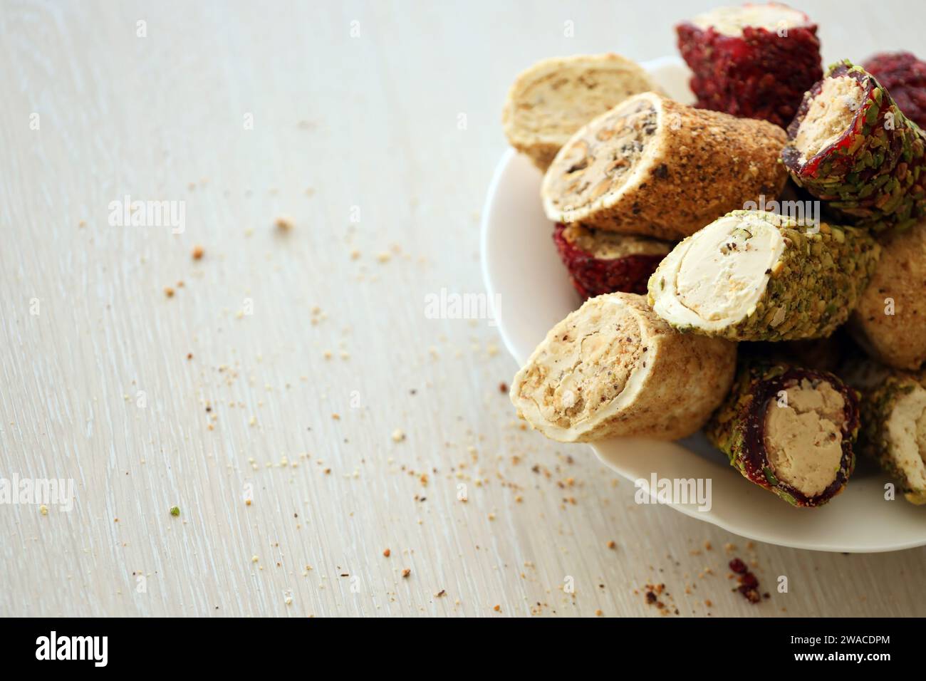 Many rolls of turkish delight with different flavors and fillings in ...