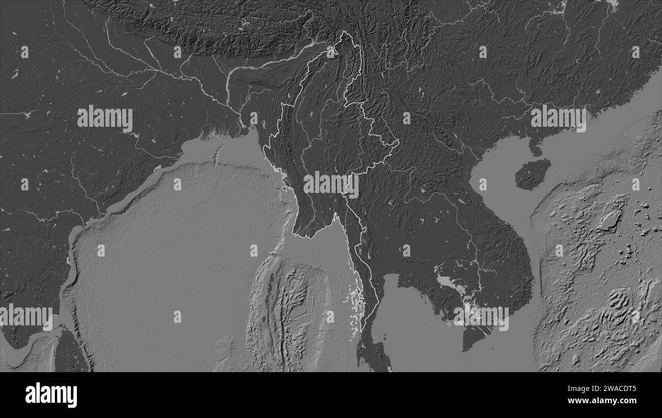 Myanmar outlined on a Bilevel elevation map with lakes and rivers Stock ...