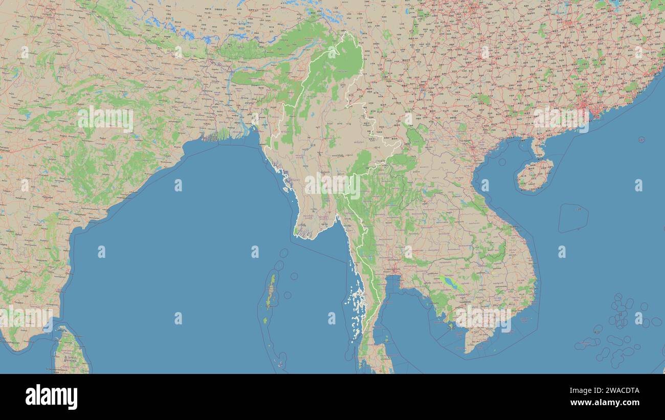 Myanmar outlined on a topographic, OSM standard style map Stock Photo ...