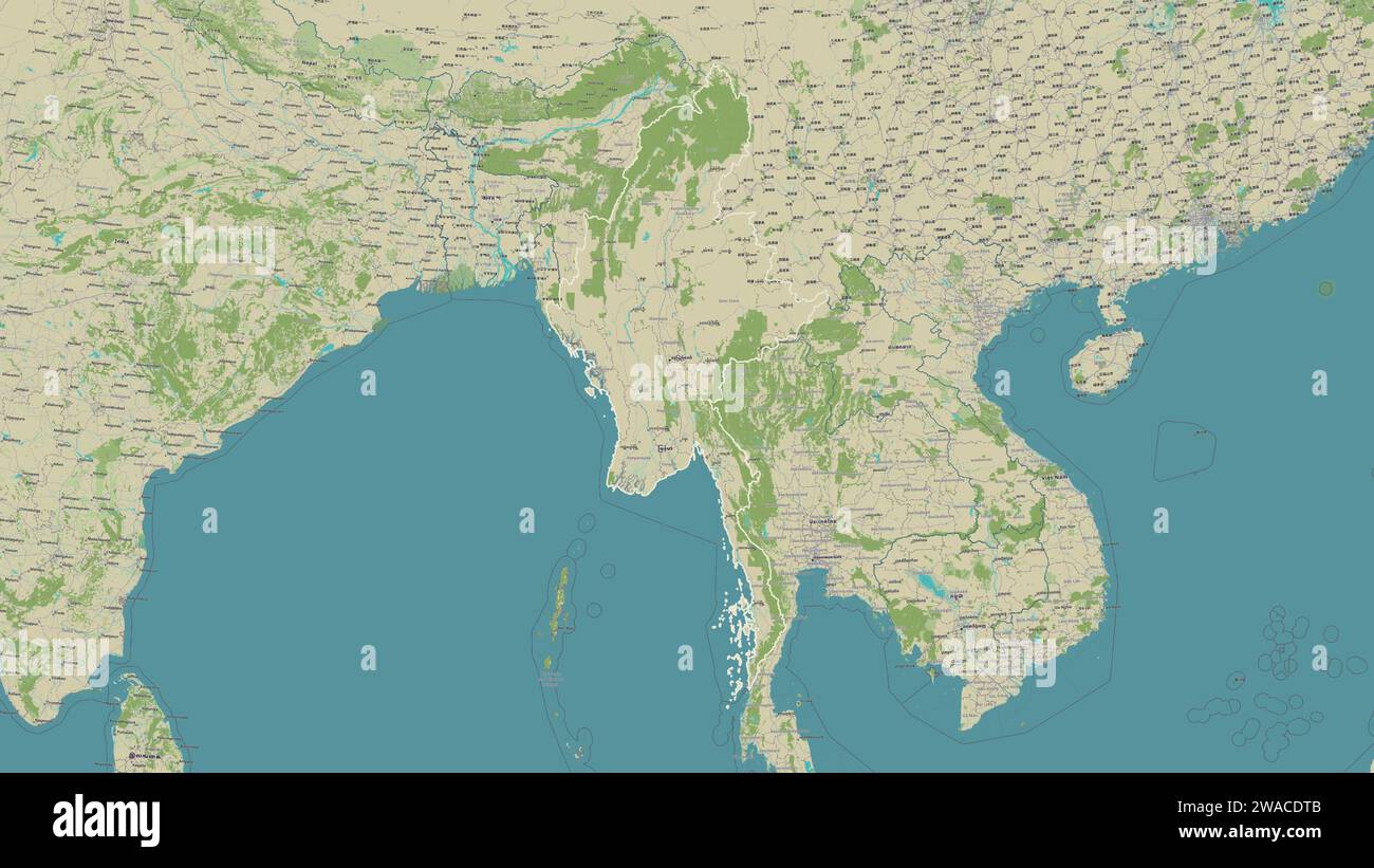 Myanmar outlined on a topographic, OSM Humanitarian style map Stock ...