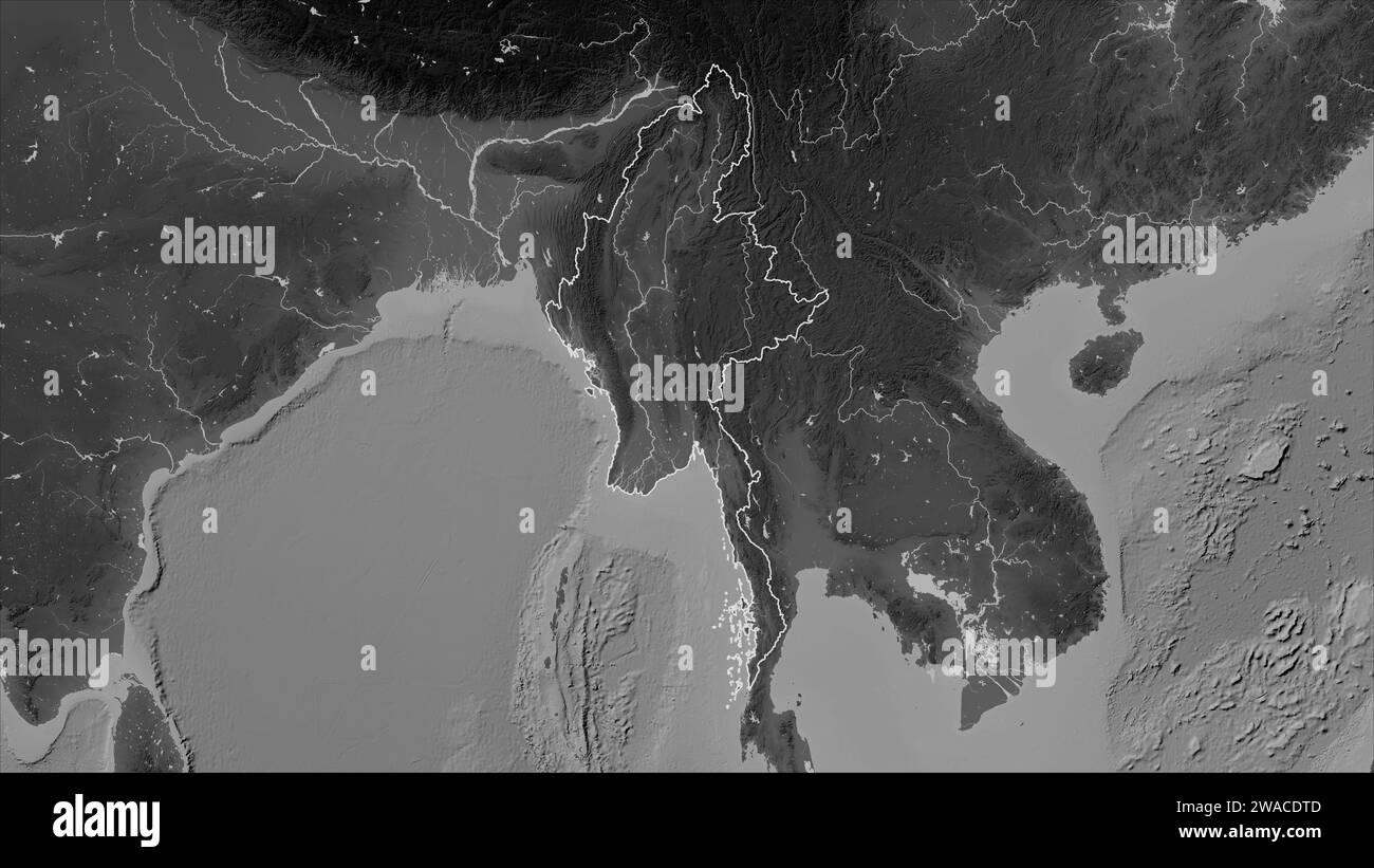 Myanmar outlined on a Grayscale elevation map with lakes and rivers ...
