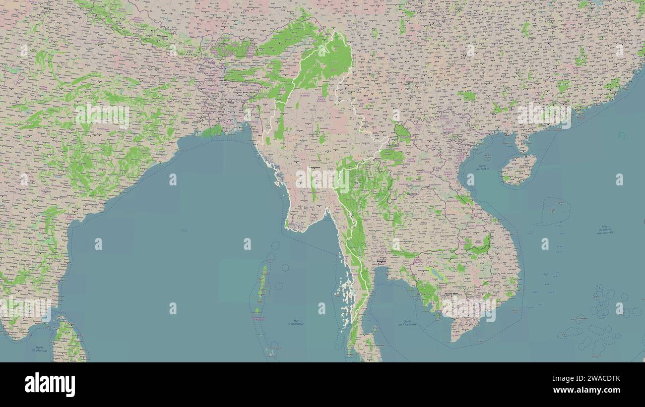 Myanmar outlined on a topographic, OSM France style map Stock Photo - Alamy