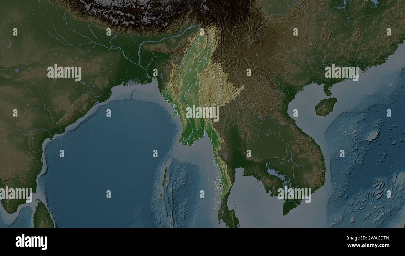 Myanmar highlighted on a Pale colored elevation map with lakes and ...