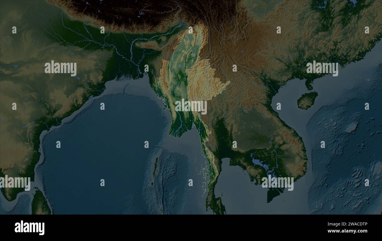 Myanmar highlighted on a Colored elevation map with lakes and rivers ...