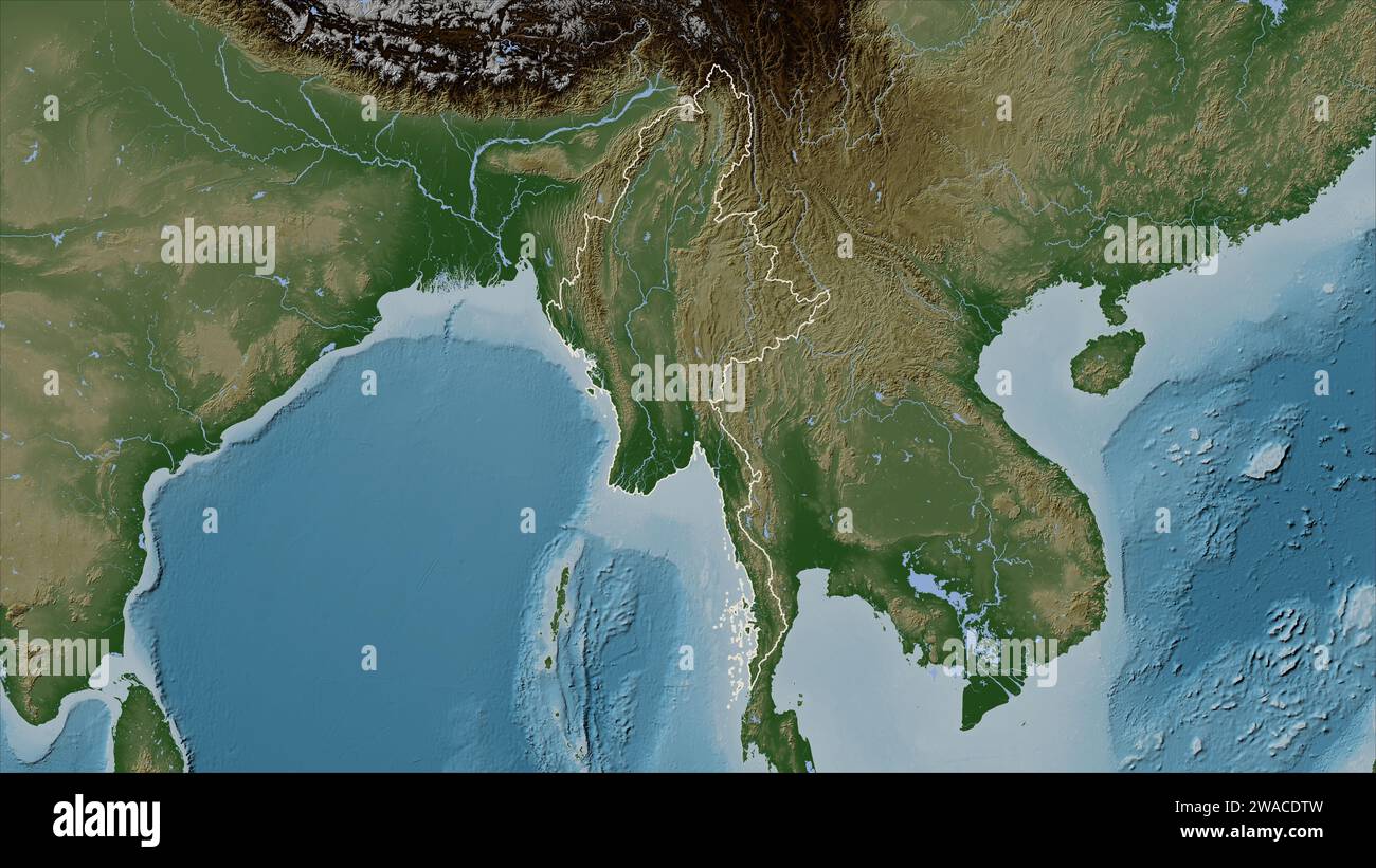Myanmar outlined on a Pale colored elevation map with lakes and rivers ...