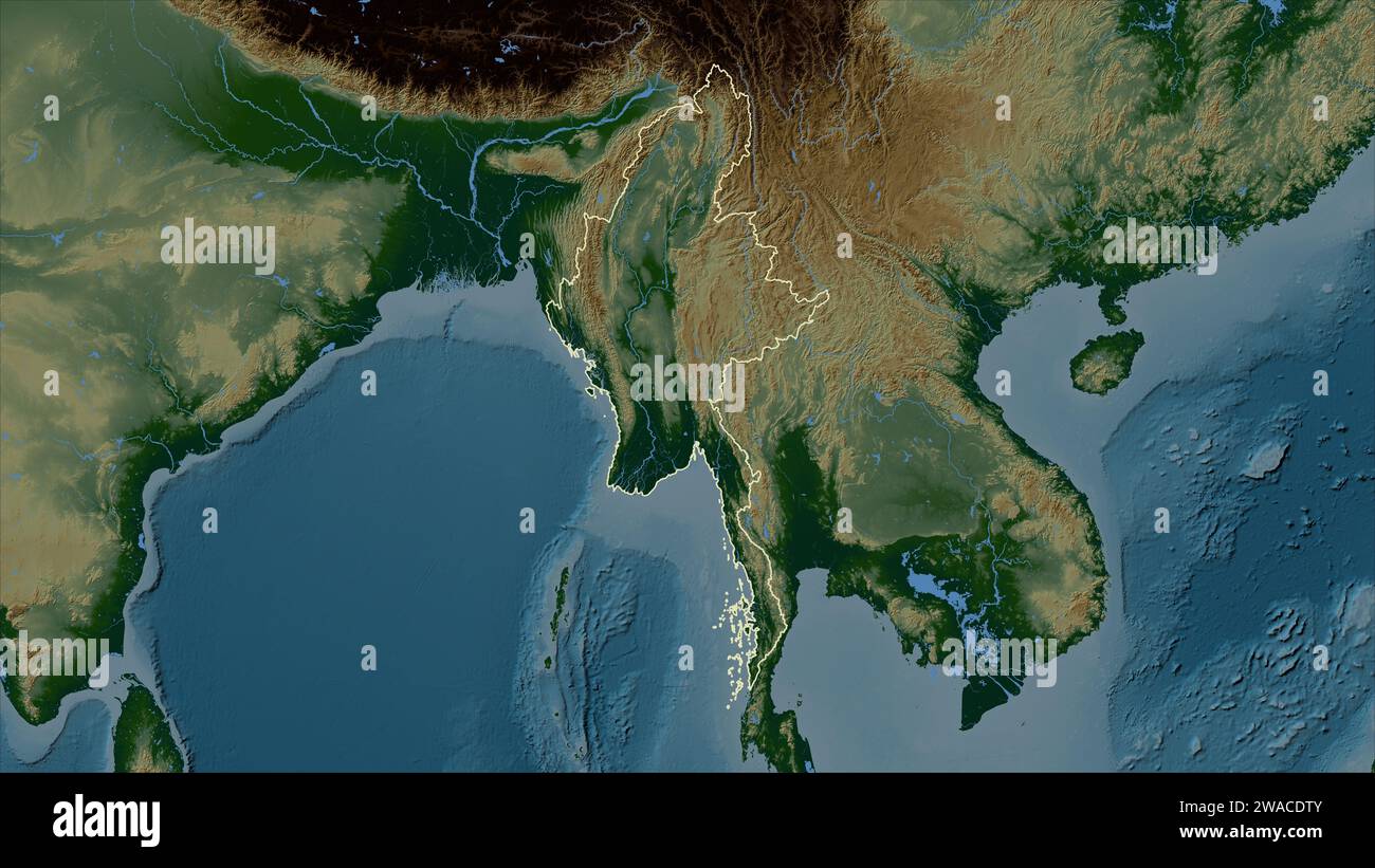 Myanmar outlined on a Colored elevation map with lakes and rivers Stock ...