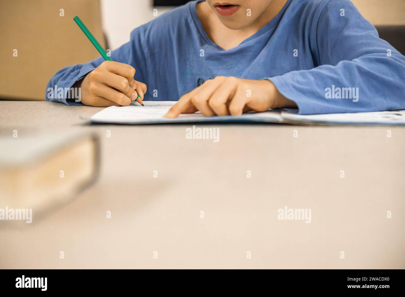 Caucasian elementary school child doing homework at the end of the ...