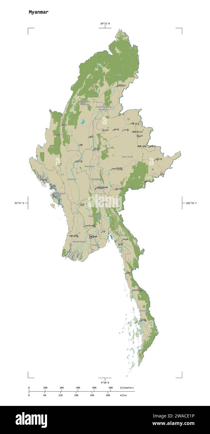 Shape of a topographic, OSM Humanitarian style map of the Myanmar, with ...