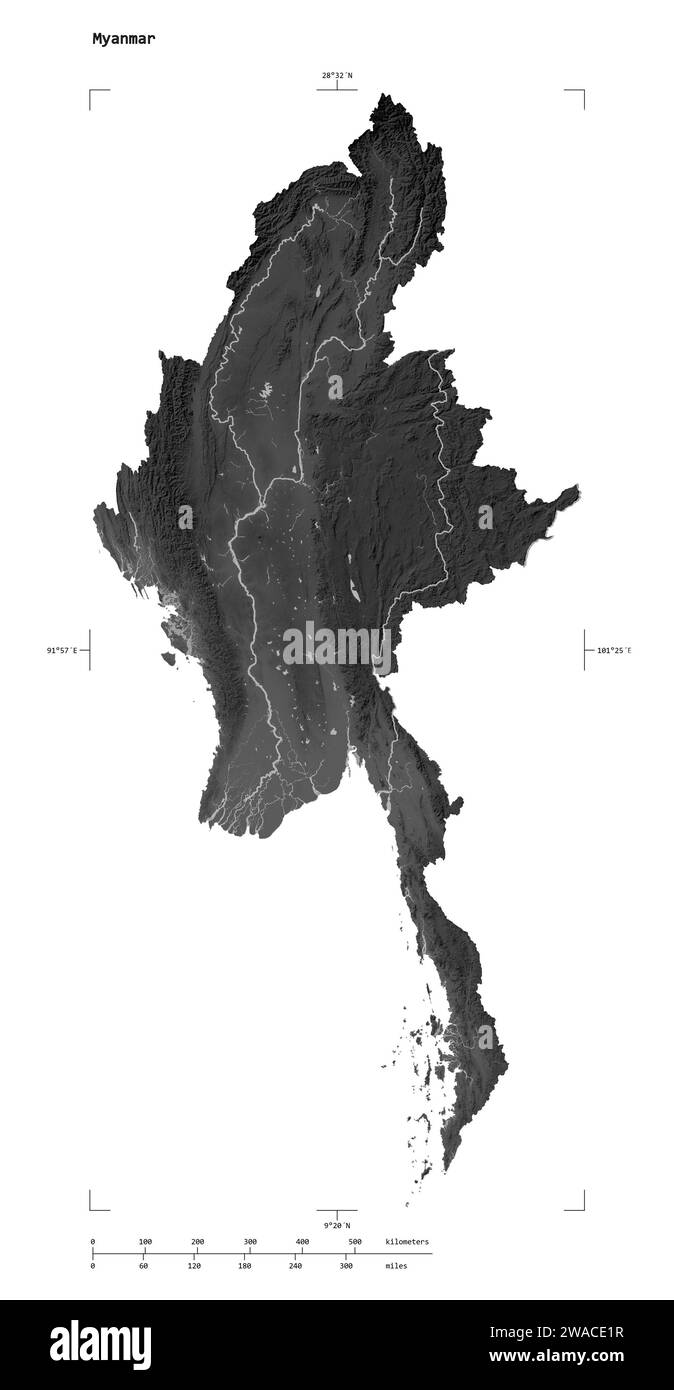 Shape of a Grayscale elevation map with lakes and rivers of the Myanmar ...