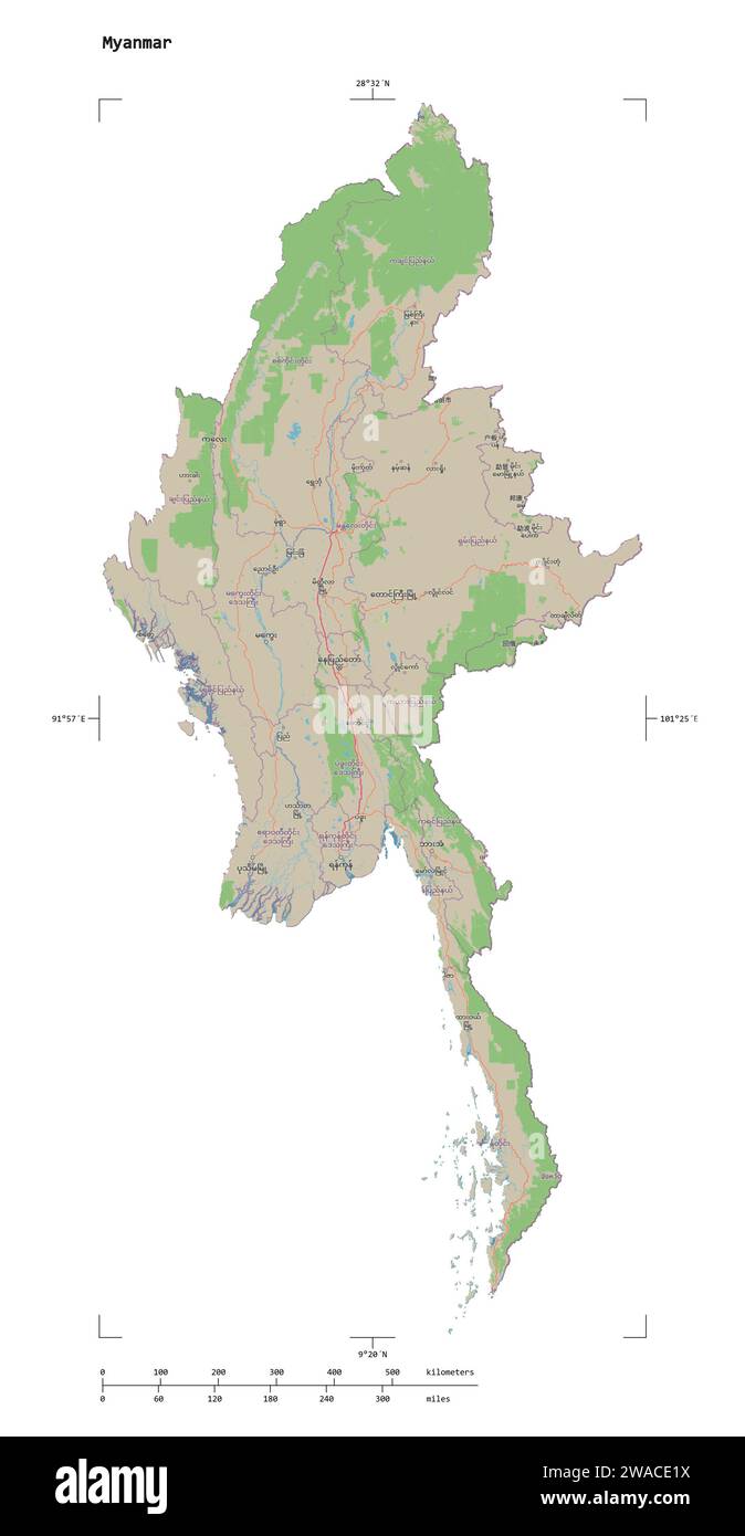 Shape of a topographic, OSM standard style map of the Myanmar, with ...