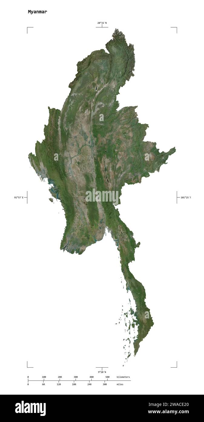 Shape of a high resolution satellite map of the Myanmar, with distance ...