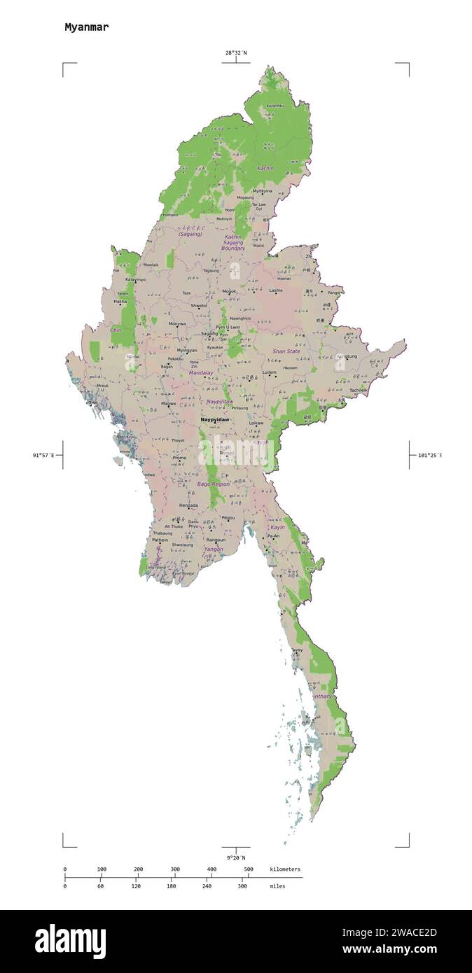 Shape of a topographic, OSM France style map of the Myanmar, with ...