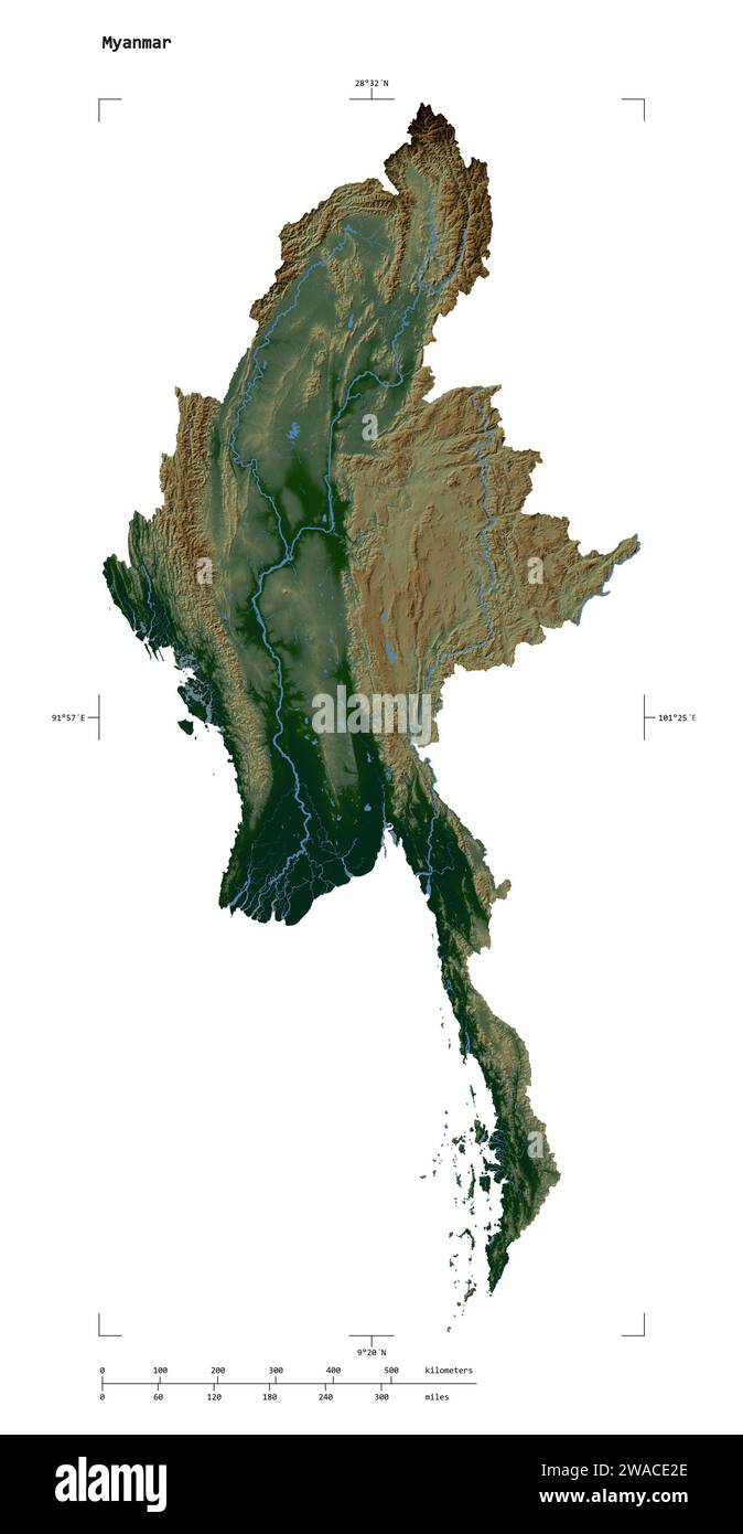 Shape of a Colored elevation map with lakes and rivers of the Myanmar ...
