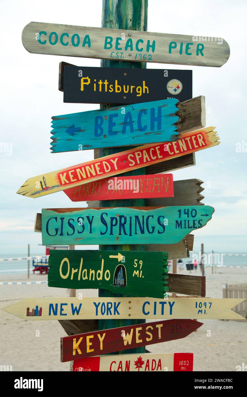 Distance post at Cocoa Beach pier, Cocoa Beach, Florida Stock Photo - Alamy