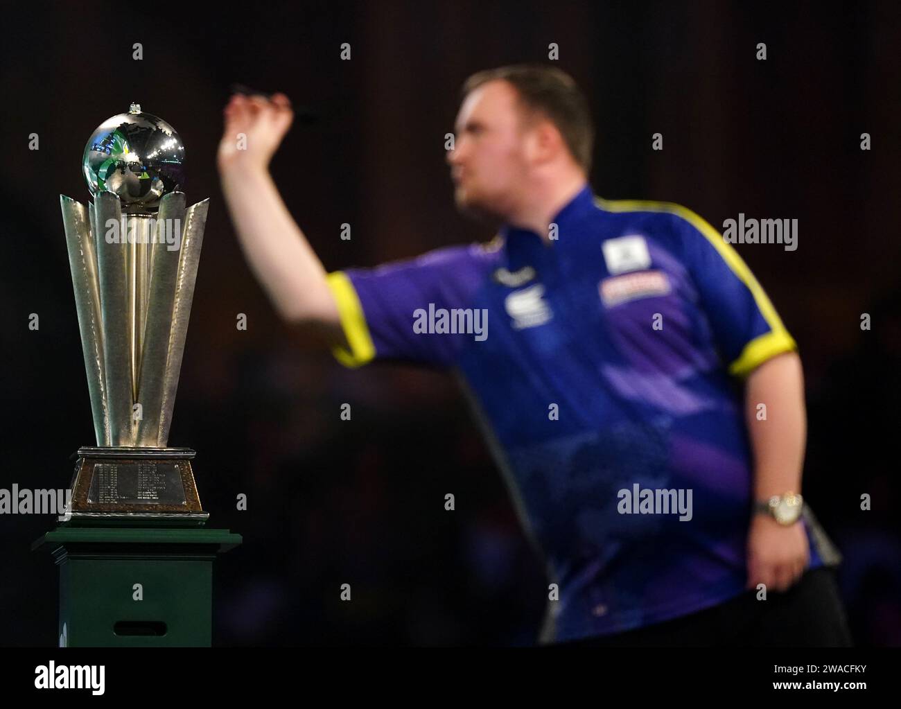 A general view of teh PDC trophy as Luke Littler is in action against ...