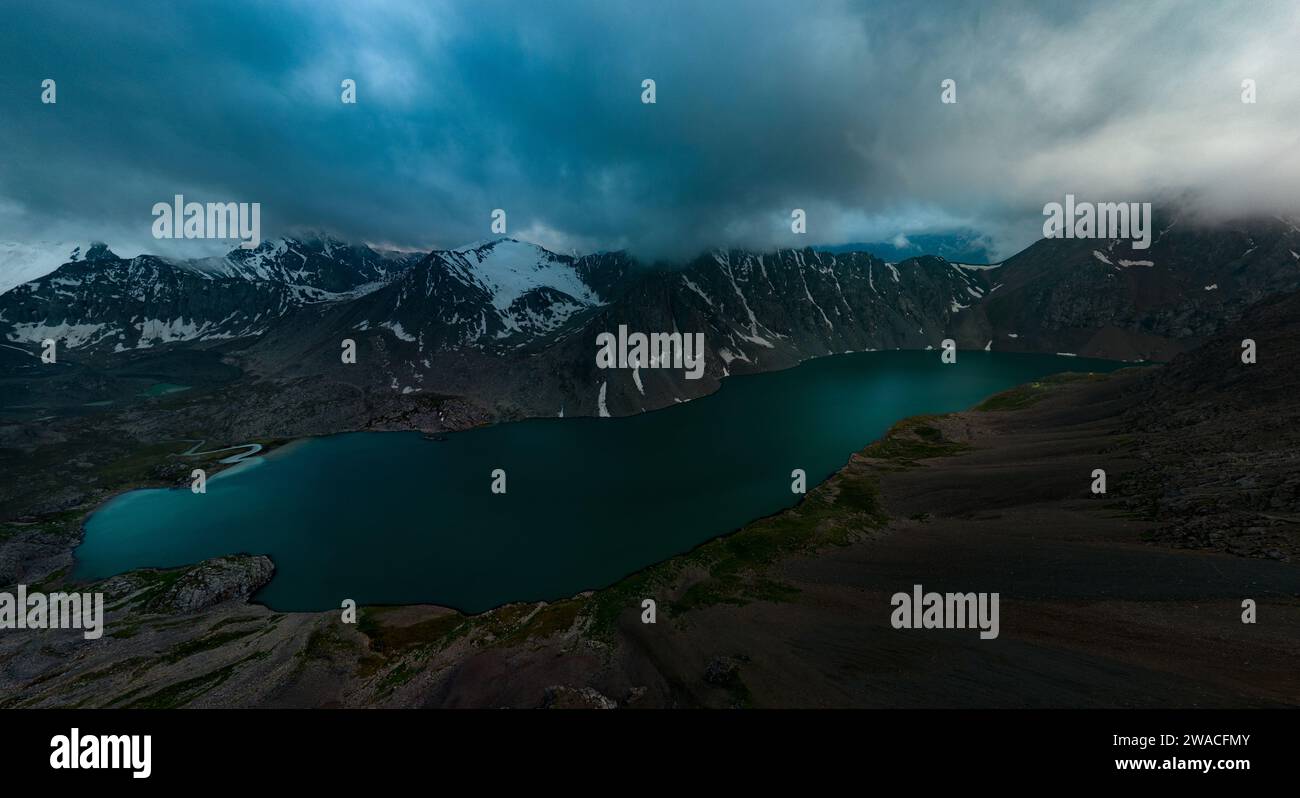 Ala-Kul Lake from the Alakel mountain pass in the Tien Shan Mountains ...