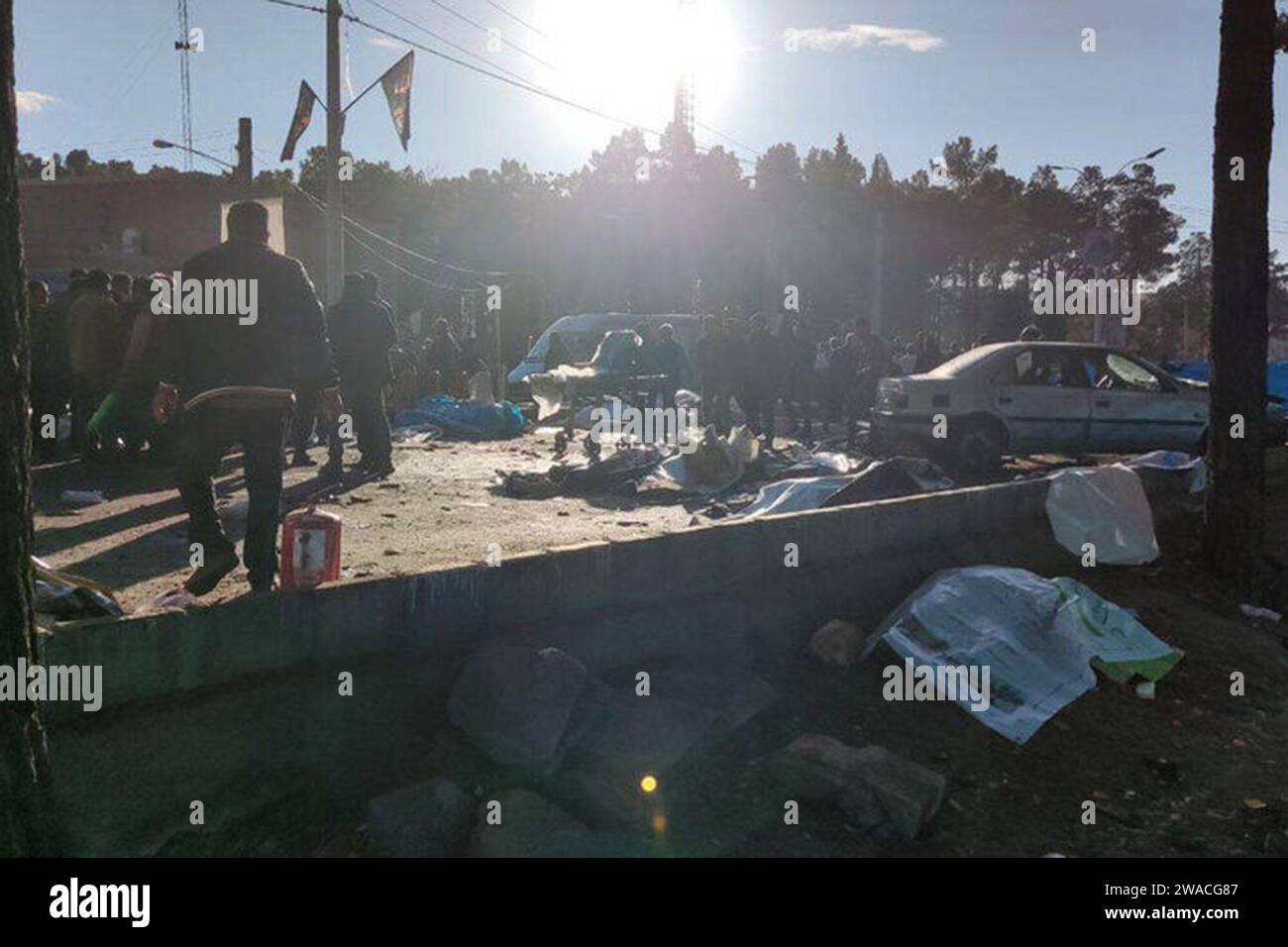 Kerman, Iran. 3rd Jan, 2024. A view of the scene after explosions at a ...