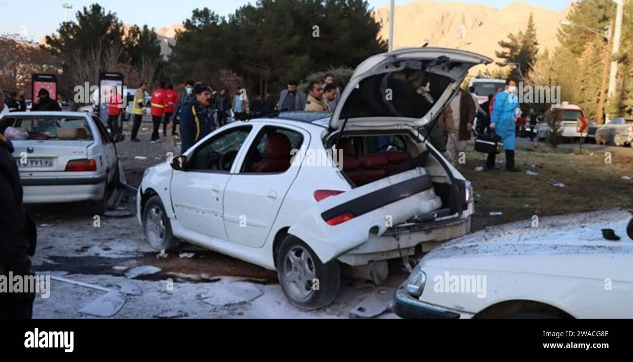Kerman, Iran. 3rd Jan, 2024. A view of the scene after explosions at a ...