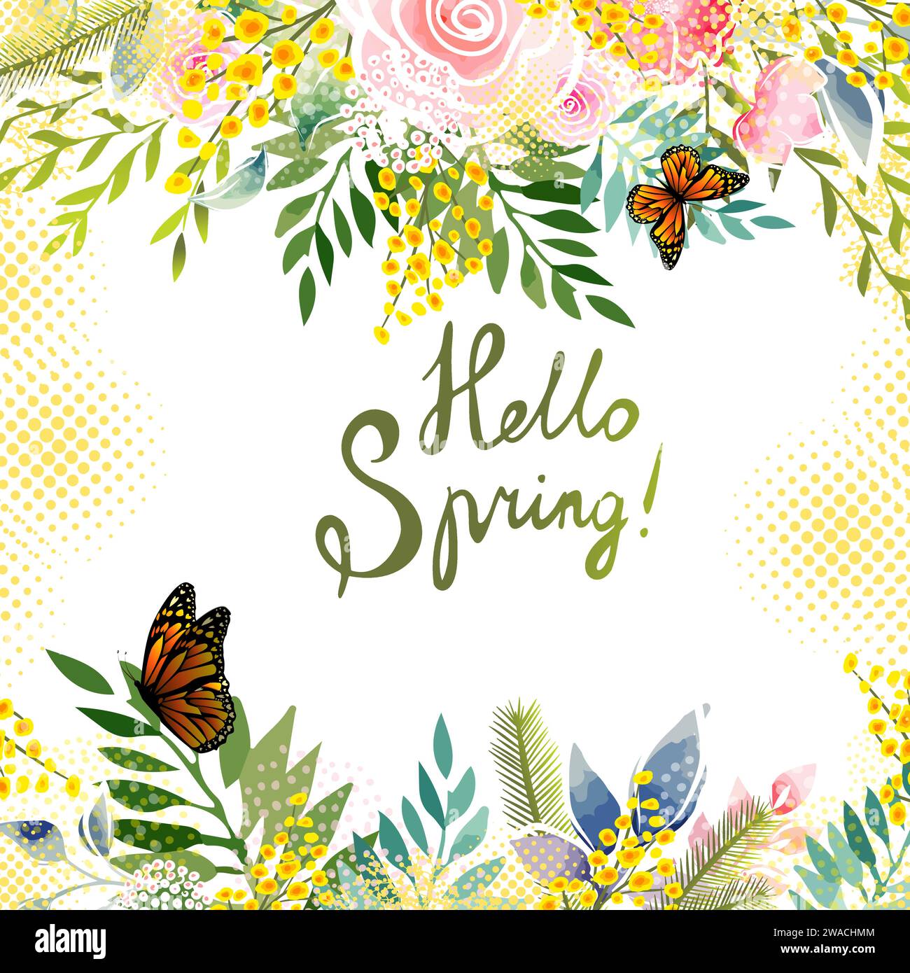 Yellow mimosa, flowers of yellow spots, splashes. Spring wreath of the ...