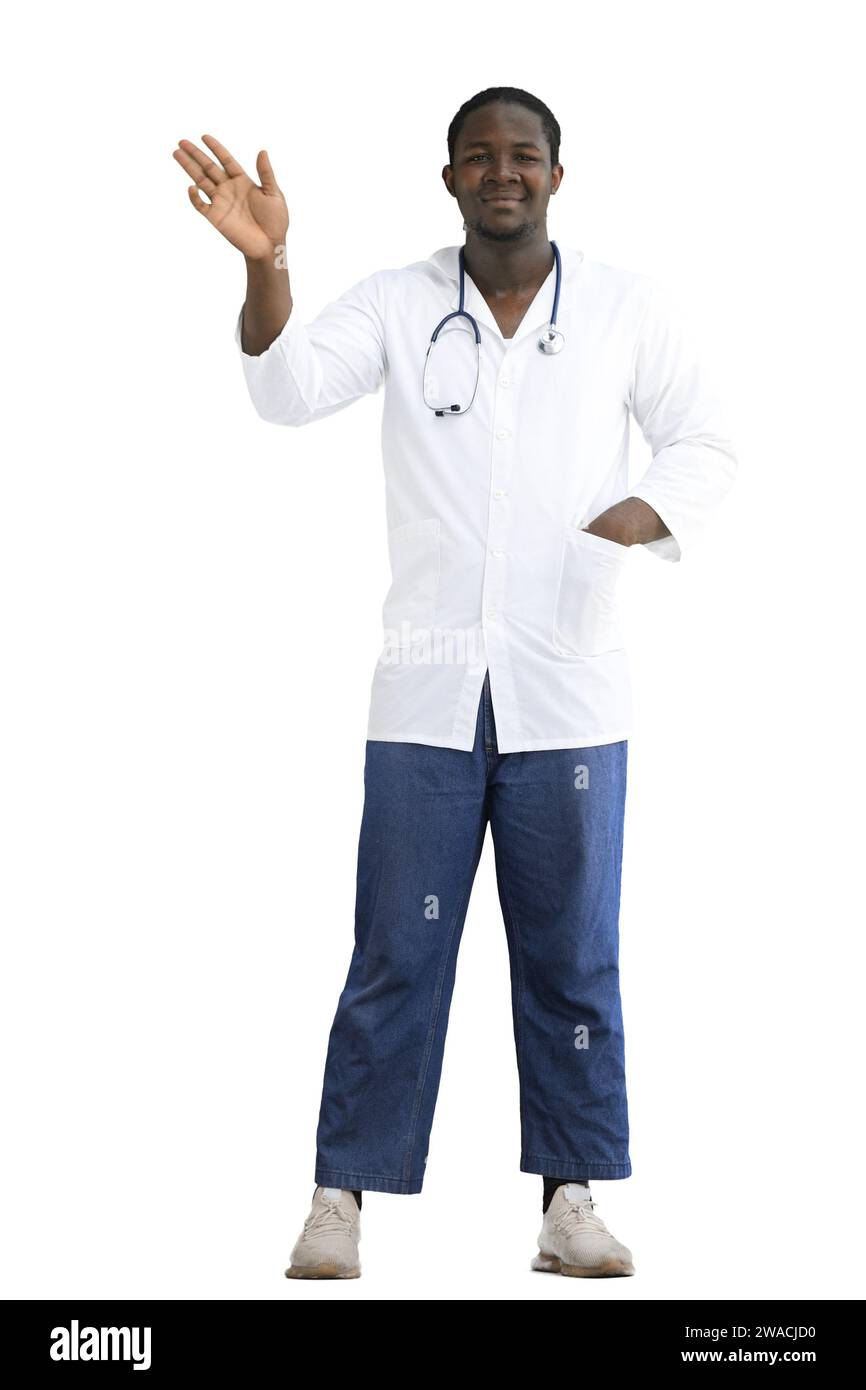Full-length male doctor waving his hand on a White background Stock ...