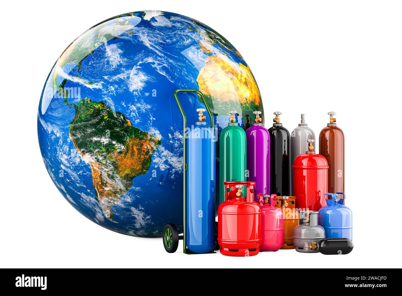 Earth Globe with different industrial liquefied gas cylinders, 3D ...