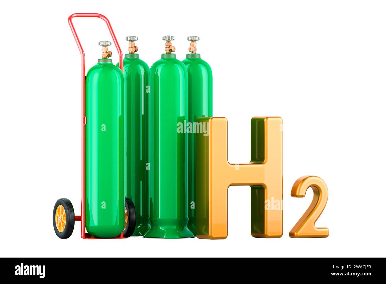 Gas cylinders with hydrogen H2, Green gas cylinder with hand truck. Gas ...