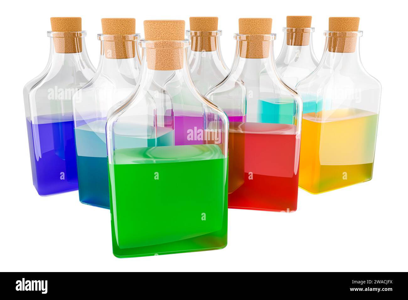 Elixir, potions or poison bottles with colored liquids. 3D rendering ...