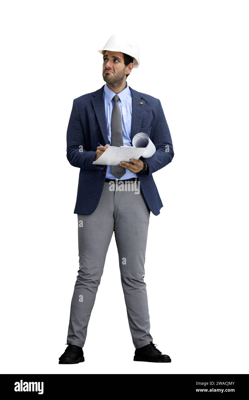 A man in an office suit wearing a hard hat on a White background Stock ...