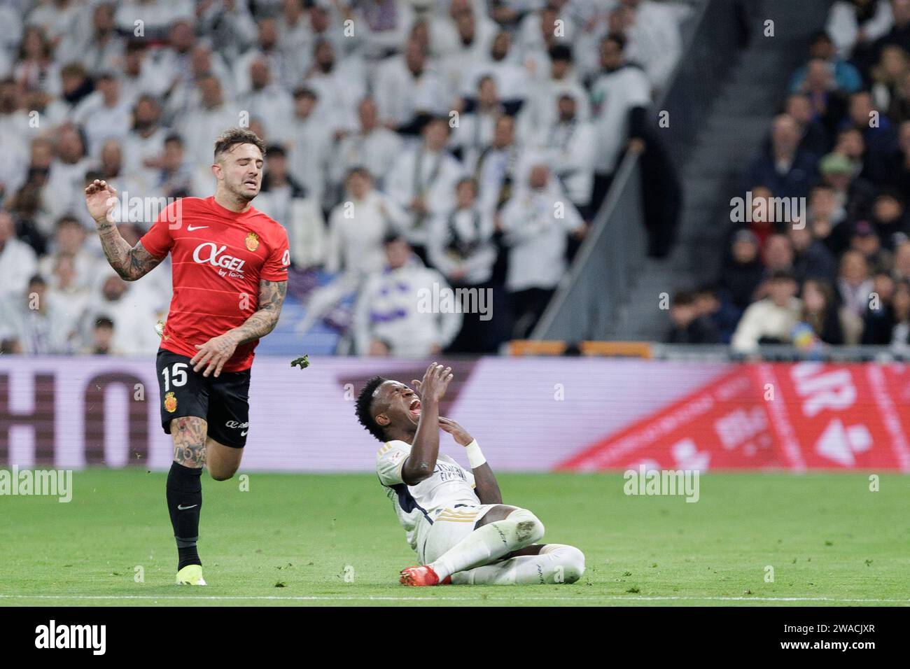 MADRID, SPAIN - JANUARY 3: Vinicius jr of Real Madrid and Pablo Maffeo ...