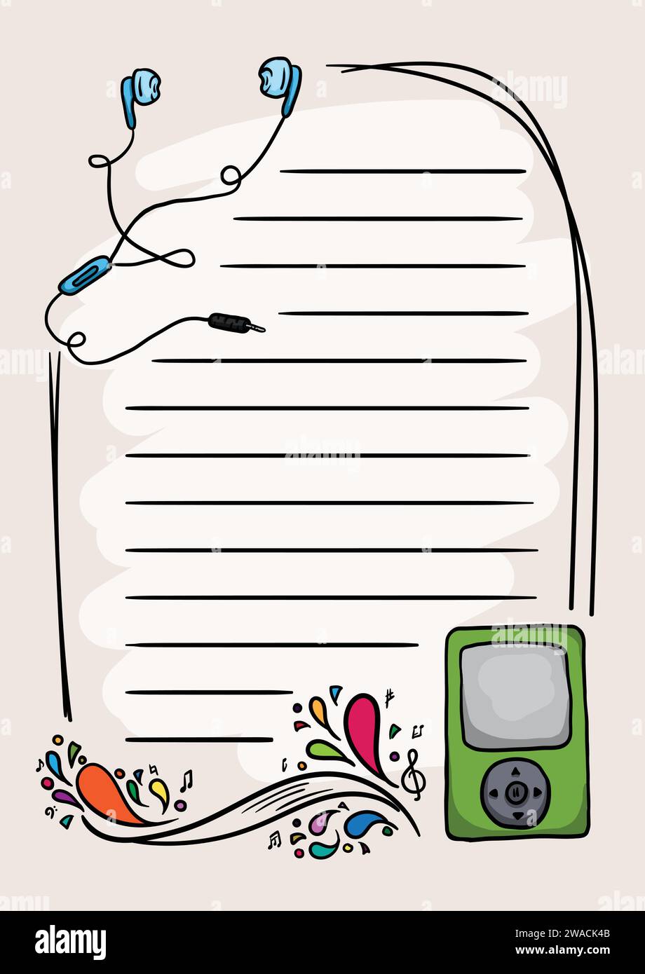 Colorful notebook page with musical elements and notes and bright ...