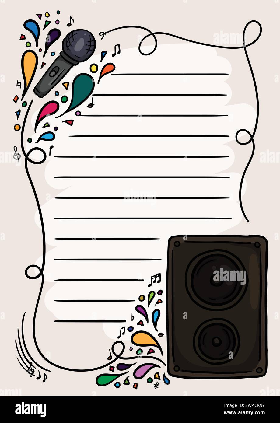 Colorful notebook page with musical elements and notes and bright ...