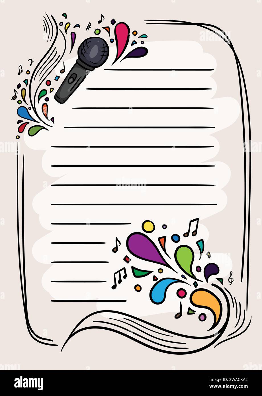 Colorful notebook page with musical elements and notes and bright ...