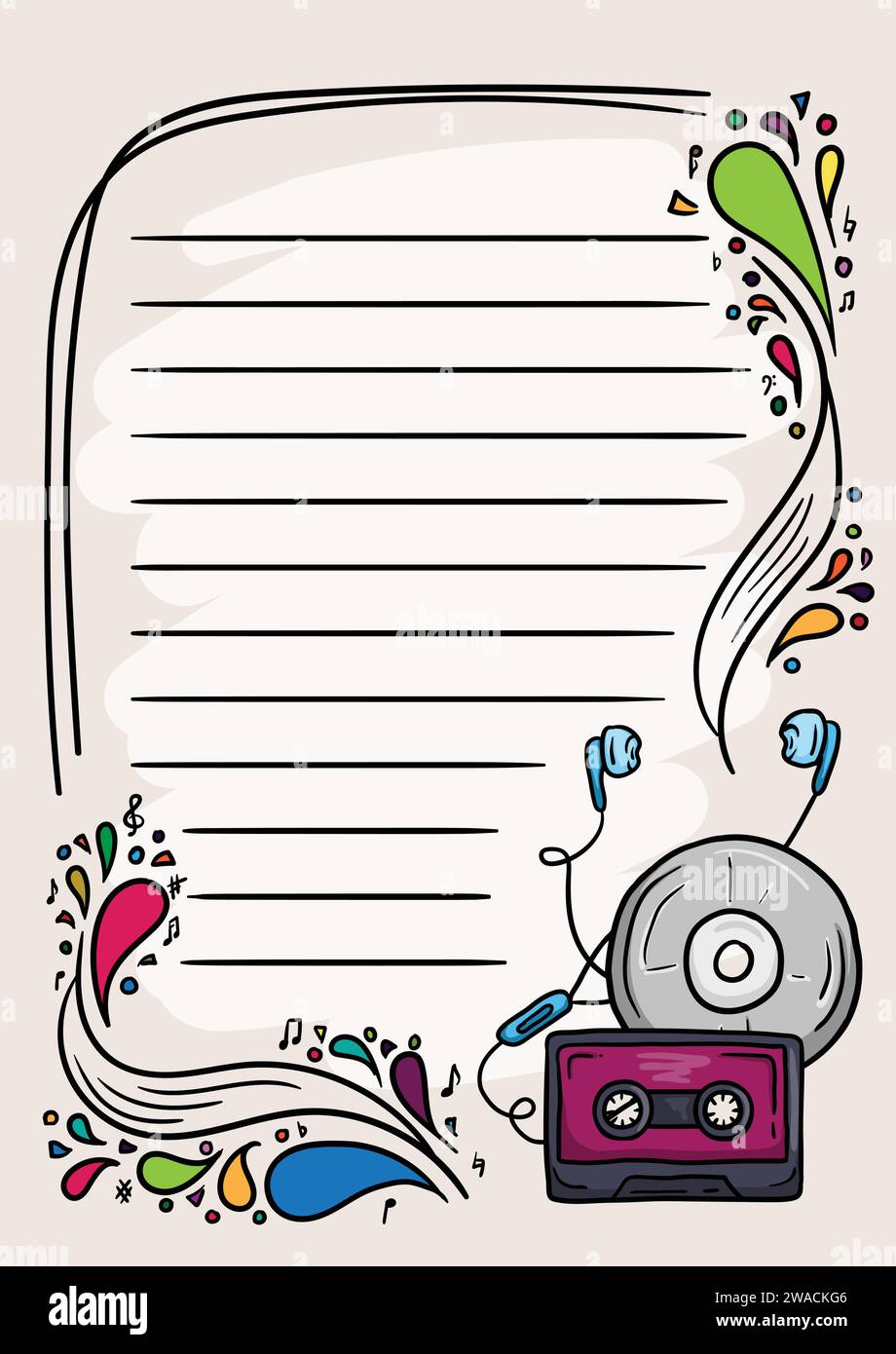 Colorful notebook page with musical elements and notes and bright ...