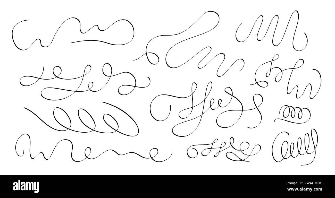 Abstract freeform curly doodle lines set simple hand drawn black ...