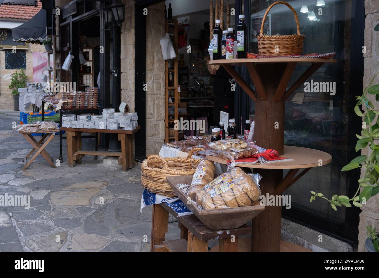 Street market tourist kiosk selling traditional Cypriot food and drinks ...