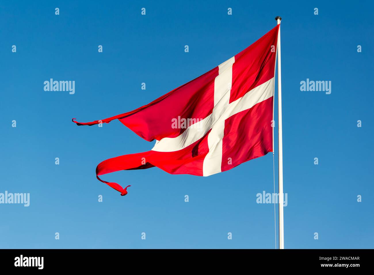Danish flag waving in strong wind against blue sky Stock Photo - Alamy