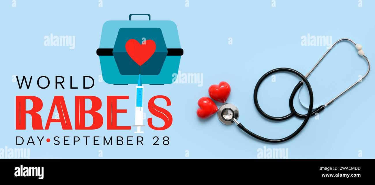 Awareness banner for World Rabies Day with stethoscope and red hearts ...
