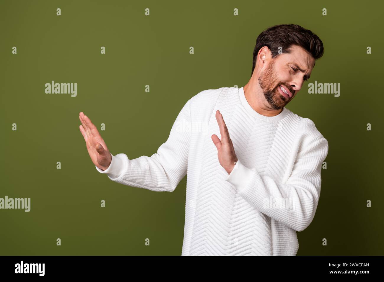 Photo of stressed depressed man dresses white trendy clothes avoiding ...