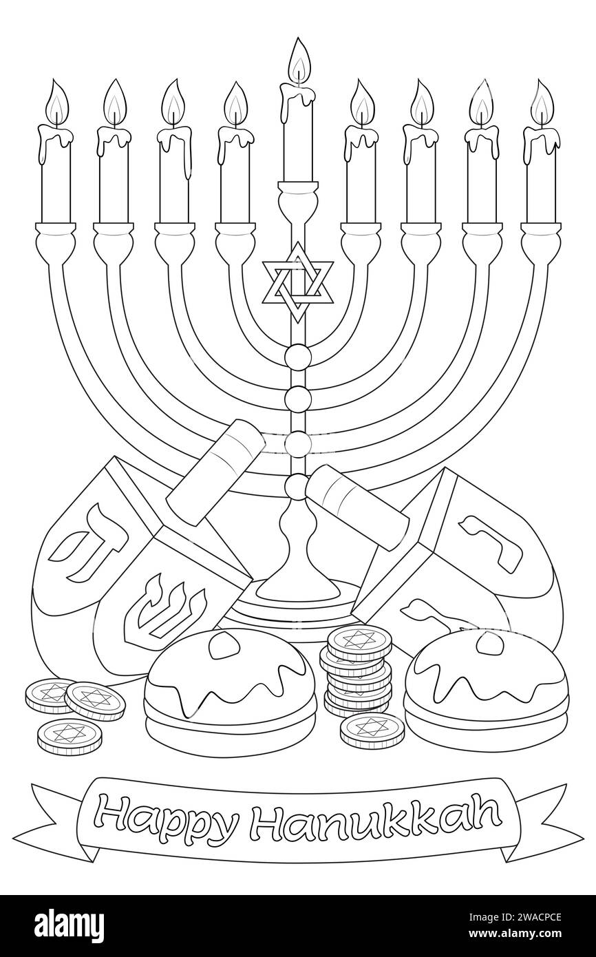 Happy Hanukkah Illustration. Coloring page. Line Art. Vector ...