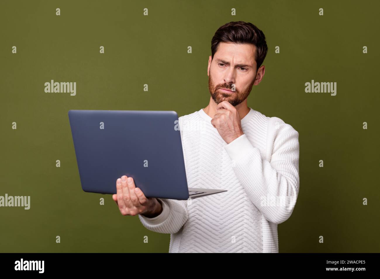 Photo of minded successful man wear stylish white clothes hand touch ...